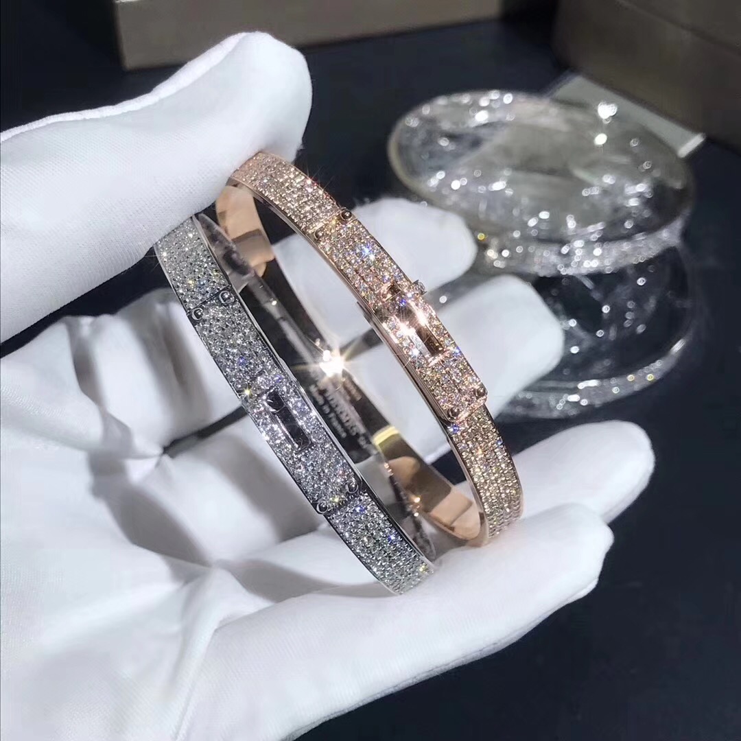Hermes 18K Rose Gold Full Pave Diamond Kelly Bangle Bracelet