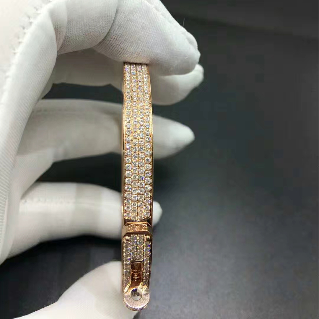 Hermes 18K Rose Gold Full Pave Diamond Kelly Bangle Bracelet