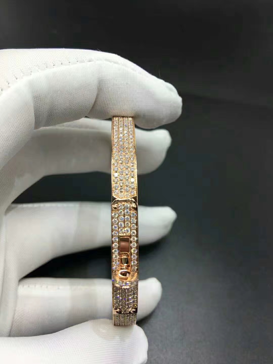 Hermes 18K Rose Gold Full Pave Diamond Kelly Bangle Bracelet